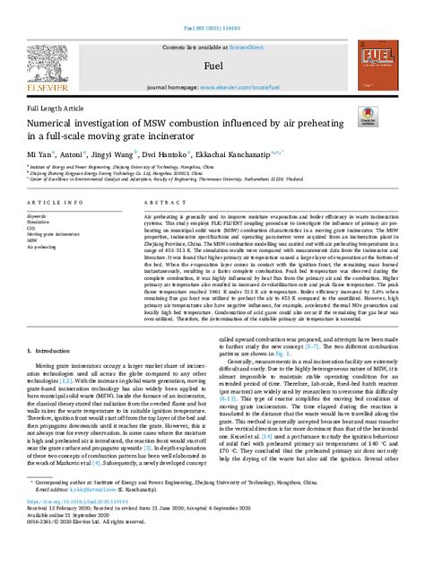Pdf Numerical Investigation Of Msw Combustion Influenced By Air Preheating In A Full Scale
