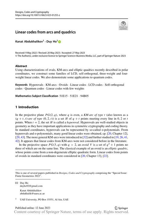 Linear Codes From Arcs And Quadrics Request Pdf