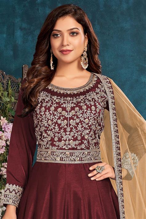 Buy Maroon Silk Embellished Anarkali With Dupatta Online Like A Diva