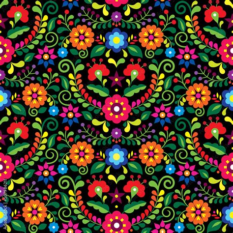 Mexican Folk Art Vector Seamless Pattern With Flowers Textile Or