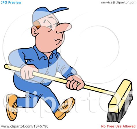 Clipart Of A Cartoon White Male Janitor Using A Push Broom Royalty