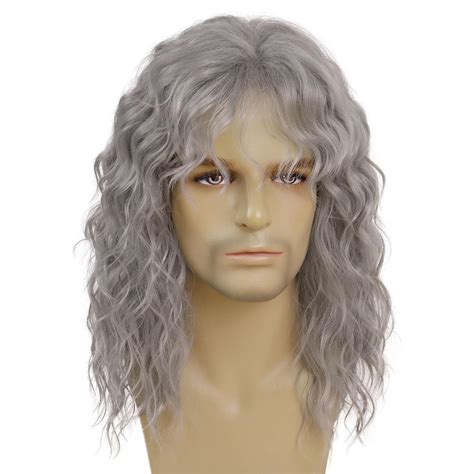 Gnimegil Long Curly Wavy Grey Wigs For Men Synthetic