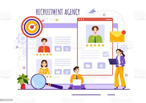 채용 대행사 벡터 일러스트레이션은 관리자가 평면 만화 손으로 그린 배경 템플릿에서 일자리 후보자를 검색하는 것입니다 객실 있음에 대한 스톡 벡터 아트 및 기타 이미지