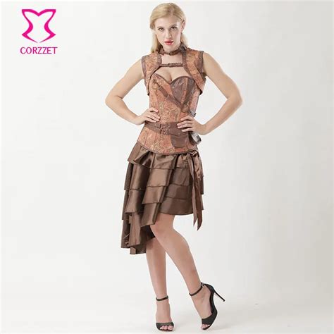 Vintage Brown Cotton And Faux Leather Steampunk Corset Skirt Jacket