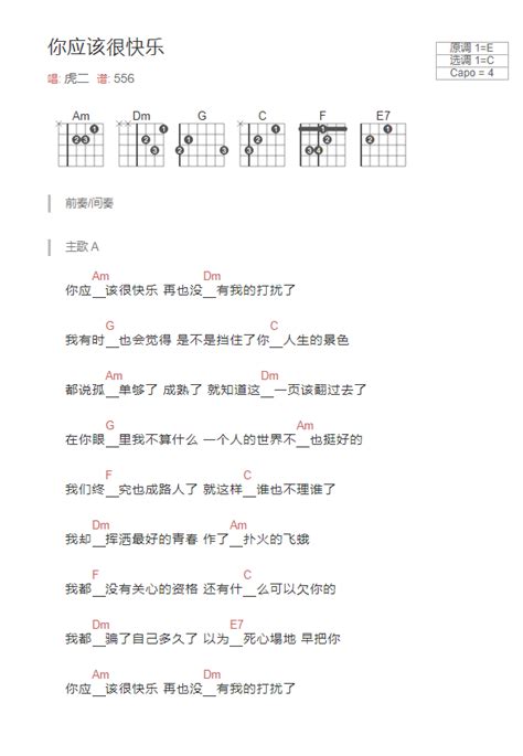 《你应该很快乐吉他谱》虎二c调吉他图片谱2张 吉他谱大全