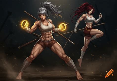 Anime Style Illustration Of Two Muscular Female Warriors In Combat