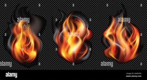 Isolated Realistic Flame Smoke Icon Set With Gray Red Flames Developing