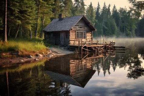 Premium Ai Image Old Shack By The Lake Generative Ai