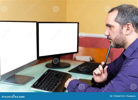Man Thinking On Front Of Computer Man Teleworking Stock Photo Image Of Homeoffice Indoors