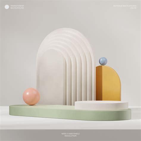 노란색 아치와 구를 가진 사각형의 녹색 파스텔 포디움의 투명한 배경으로 3d 이미지를 렌더링합니다 프리미엄 Psd 파일