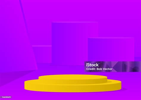 보라색과 노란색 실린더 받침대 연단 프레젠테이션을 위한 추상 무대 쇼케이스 미래 벡터 3d 룸 공상 과학 최소한의 기하학적 형태 빈 장면으로 모형 제품 디스플레이 0명에