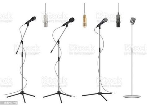 마이크 스탠드 현실적인 음악 마이크 사운드 스튜디오 전문 장비 벡터 사진 컬렉션 마이크에 대한 스톡 벡터 아트 및 기타 이미지 마이크 매달기 서 있기 Istock