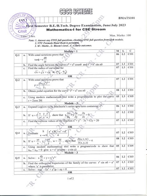 Vtu Question Paper Of Bmats101 Mathematics I For Cse Stream June July