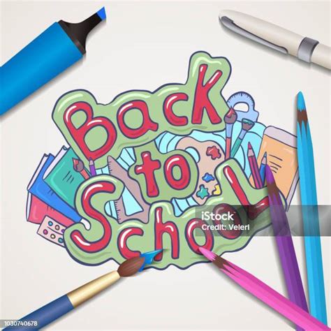 다양 한 학교와 학교에 다시 낙서 텍스트와 벡터 그림 색깔 연필 마커 펜 수채화 브러시와 함께 제공합니다 개념에 대한 스톡 벡터 아트 및 기타 이미지 Istock