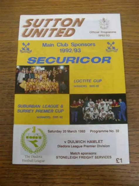 20 03 1993 Sutton United V Dulwich Hamlet £3 99 Picclick Uk