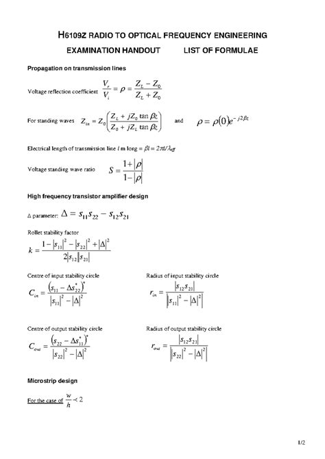 Formula Sheet Assignment 1 1 H 6109 Z Radio To Optical Frequency
