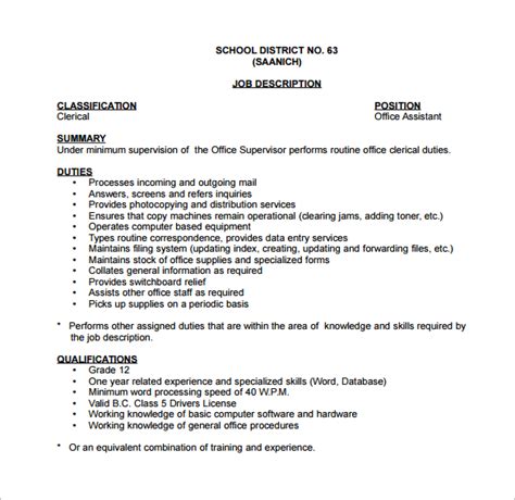11 Office Assistant Job Description Templates Free Sample Example