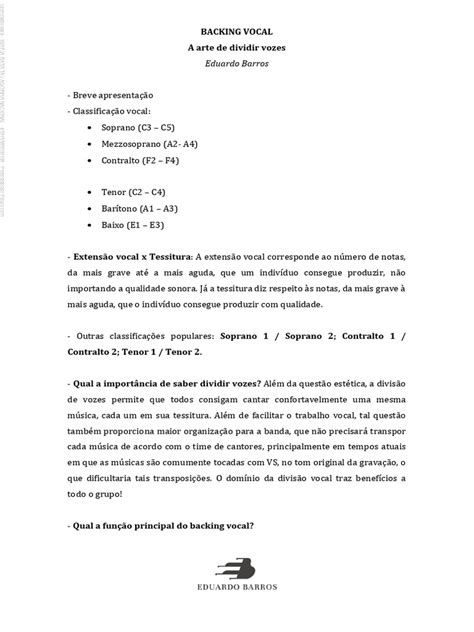 Backing Vocal A Arte De Dividir Vozes Eduardo Barros Pdf Pdf