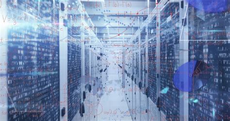 Image Of Mathematical Equations And Data Processing Against Computer Server Room Stock