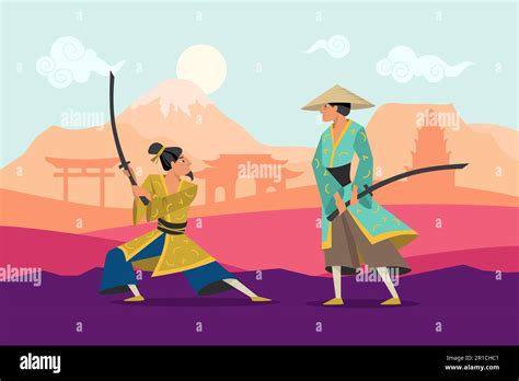 Cartoon Battle Of Two Eastern Warriors In Kimono Stock Vector Image