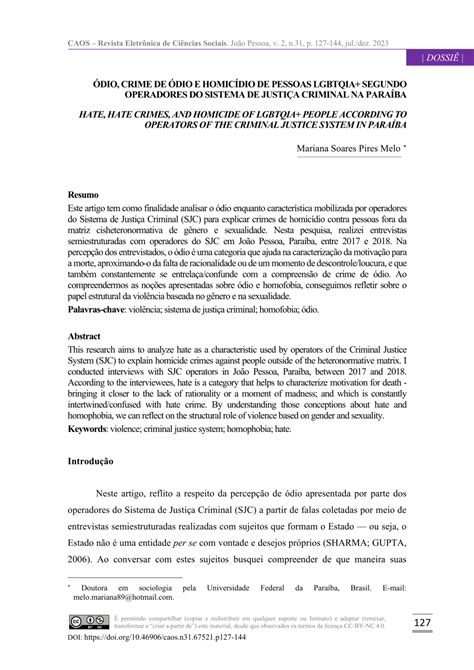 Pdf Ódio Crime De Ódio E HomicÍdio De Pessoas Lgbtqia Segundo