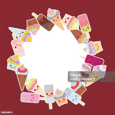 텍스트에 대 한 카드 디자인입니다 라운드 프레임 화 환입니다 크림 아이스크림 와플 콘 얼음 롤리 귀여운 분홍색 뺨을 가진에 윙크
