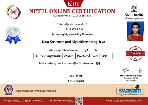 S Subathra On Linkedin Achievement Nptel Topperformer Datastructures Javaprogramming