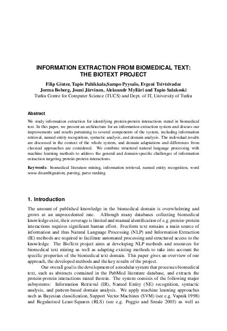 Pdf Information Extraction From Biomedical Text The Biotext Project