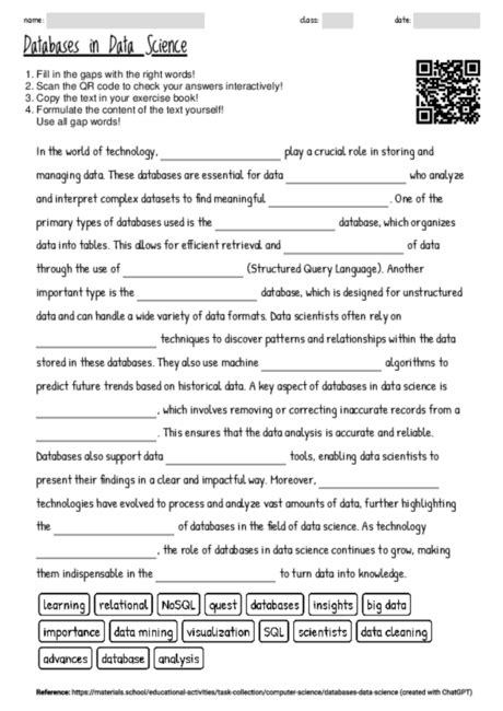Worksheet With The Topic Databases In Data Science Materialsschool