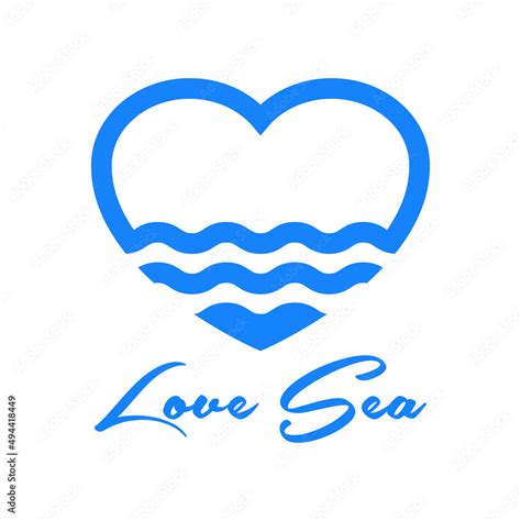 Logotipo con texto manuscrito Love Sea con silueta de corazón con olas
