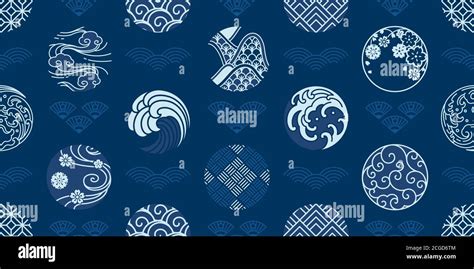 Japanese Seamless Pattern And Wallpaper Vector Water Wave Wind Cloud
