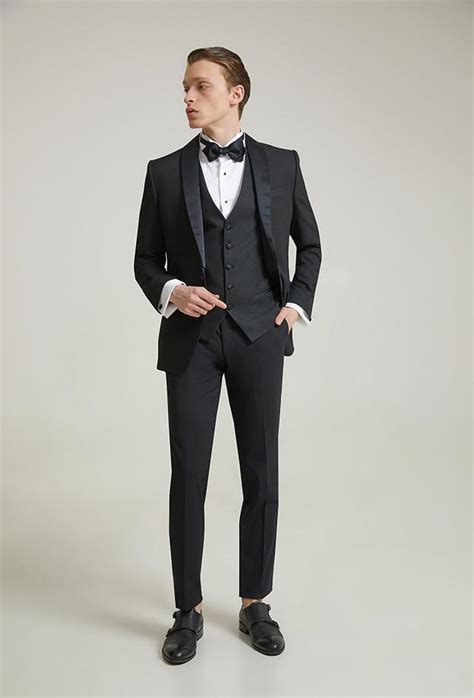 Ds Damat Slim Fit Siyah Armürlü Damatlık Smokin Yelekli Takim Elbise