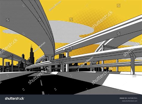 Black White Line Drawing Highway Overpass Stock Vector Royalty Free