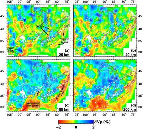Map Views Of P Wave Tomography At Depths Of 25 40 100 And 200 Km
