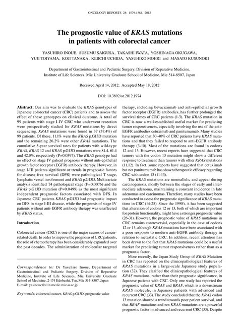 Pdf The Prognostic Value Of Kras Mutations In Patients With Colorectal Cancer