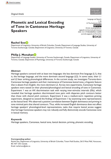 Pdf Phonetic And Lexical Encoding Of Tone In Cantonese Heritage Speakers