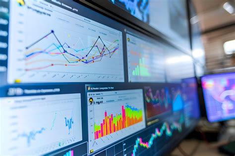 Multiple Computer Monitors Displaying Realtime Data Analytics Charts