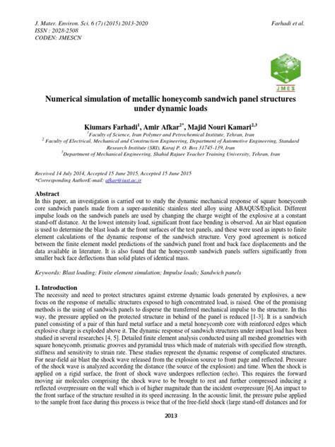 Numerical Simulation Of Metallic Honeycomb Sandwich Panel Structures Under Dynamic Loads Pdf