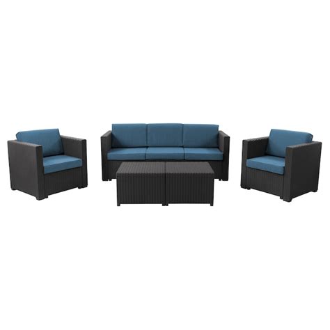 Corliving Lake Front 5 Piece Rattan Patio Conversation Set With Blue