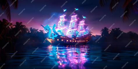 Pirate Ship With Mermaids And Sea Monsters In A Haunting Night Scene