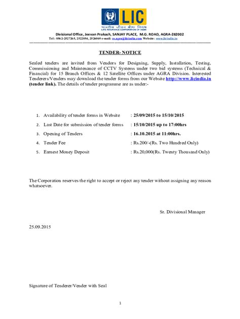 Fillable Online Tender Notice Sealed Tenders Are Invited From Vendors