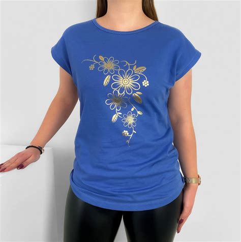 T shirt damski nietoperz w kolorze denim złoty print kwiaty MALOMA sklep z odzieżą damską