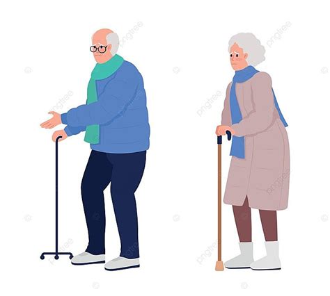 Collection Of Semiflat Color Vector Characters Featuring Seniors Using Walking Canes Vector