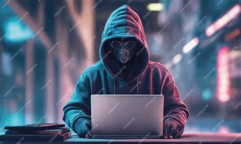 Premium Vector Hacker Wearing A Mask With A Laptop And A Laptop In The Night Cyber Crime Cyber