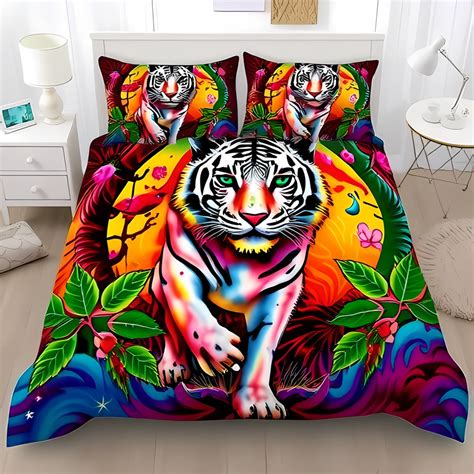 Vibrant White Tiger Bedspread Set Colorful Jungle Design With Bold