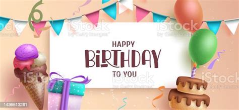 생일 축하 템플릿 벡터 디자인 페넌트 선물 아이스크림 및 어린이 파티 배경 장식을위한 풍선이있는 빈 공간에서 생일 인사말 텍스트