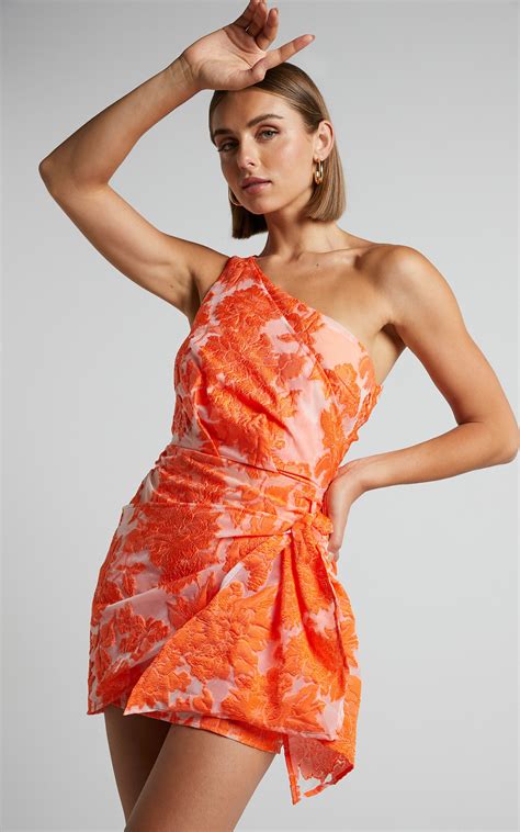 Brailey Mini Dress One Shoulder Wrap Front Dress In Orange Jacquard