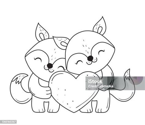 심장이 있는 사랑스러운 여우 부부 색칠 공부여우 어린이 색칠 페이지 라인 아트 디자인 벡터 그림입니다 흰색 배경에 격리 색칠하기에 대한 스톡 벡터 아트 및 기타 이미지