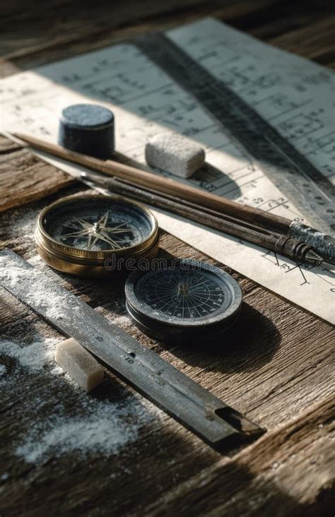 Two Compasses Rulers Pencils And Erasers Resting On Architectural