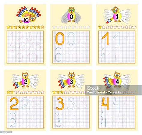 어린 아이들을 위한 정사각형 종이에 교육 페이지 세트 색칠 공부 숫자를 배우십시오 쓰기 계산 그리기 및 추적 기술 개발 어린이 학교 교과서를 위한 인쇄 가능한 워크시트